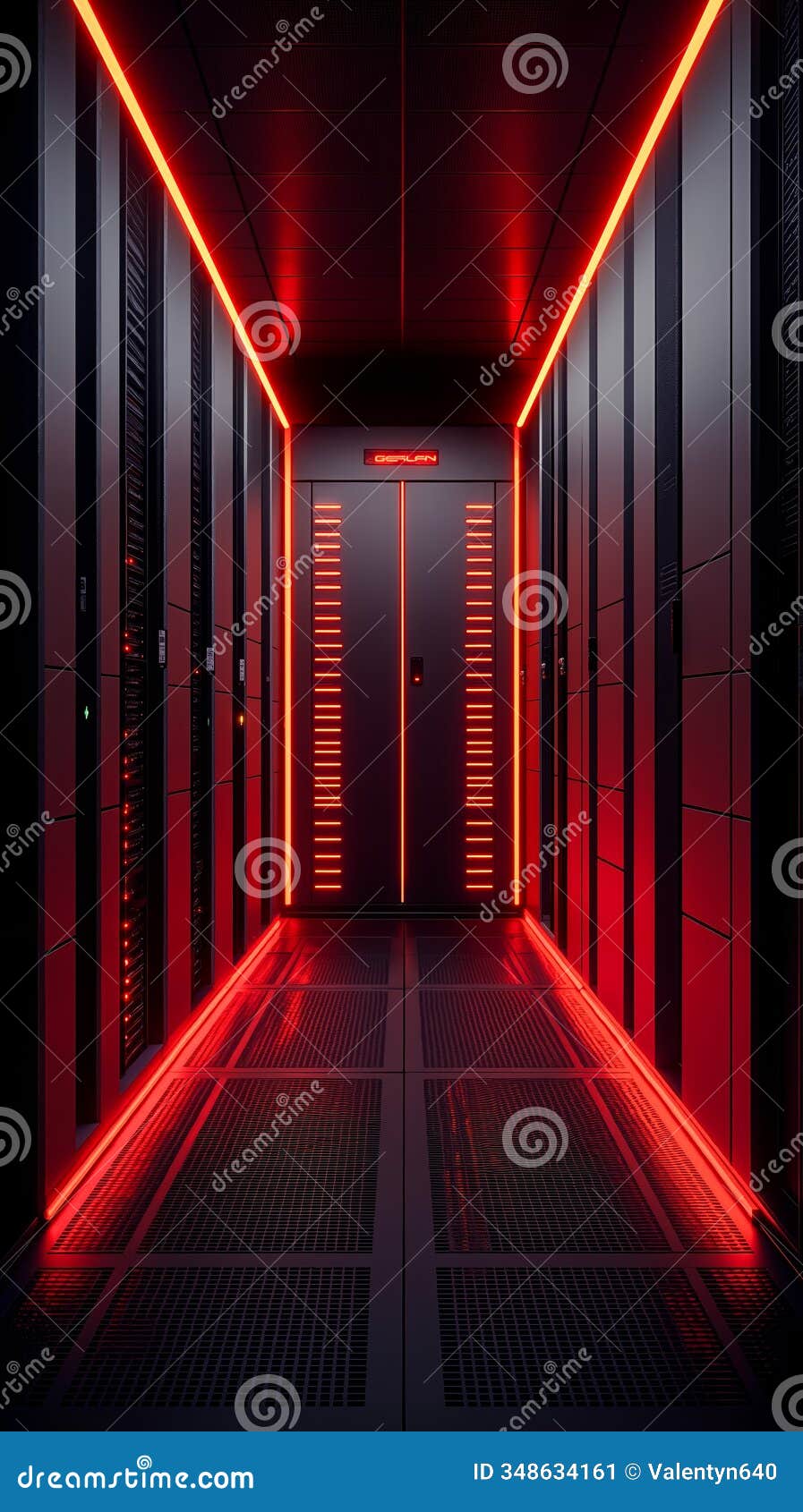 A Long Hallway with Red Lights in a Server Room Stock Image - Image of ...
