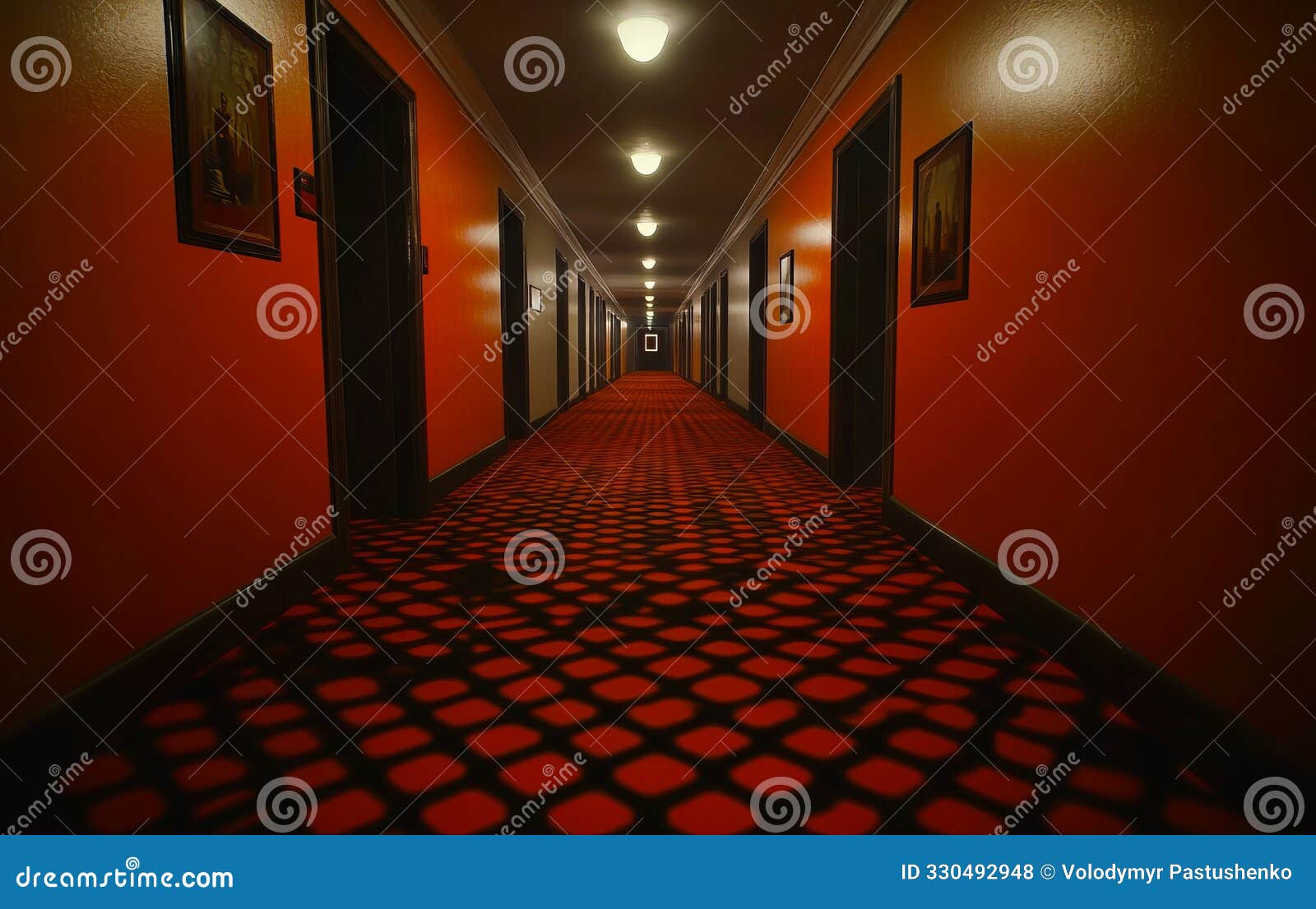 A Long Hallway with Red Walls and Black and White Tiles on the Floor ...