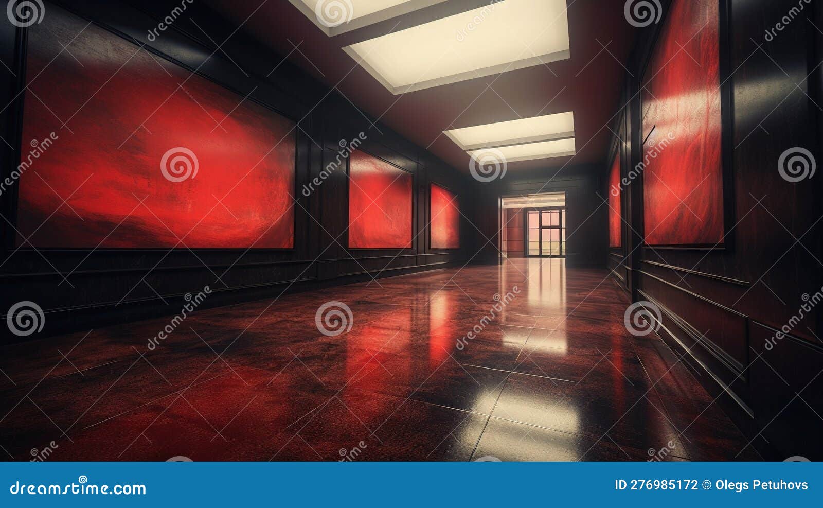 A Long Hallway with Red Walls and a Large Window in the Center Stock ...