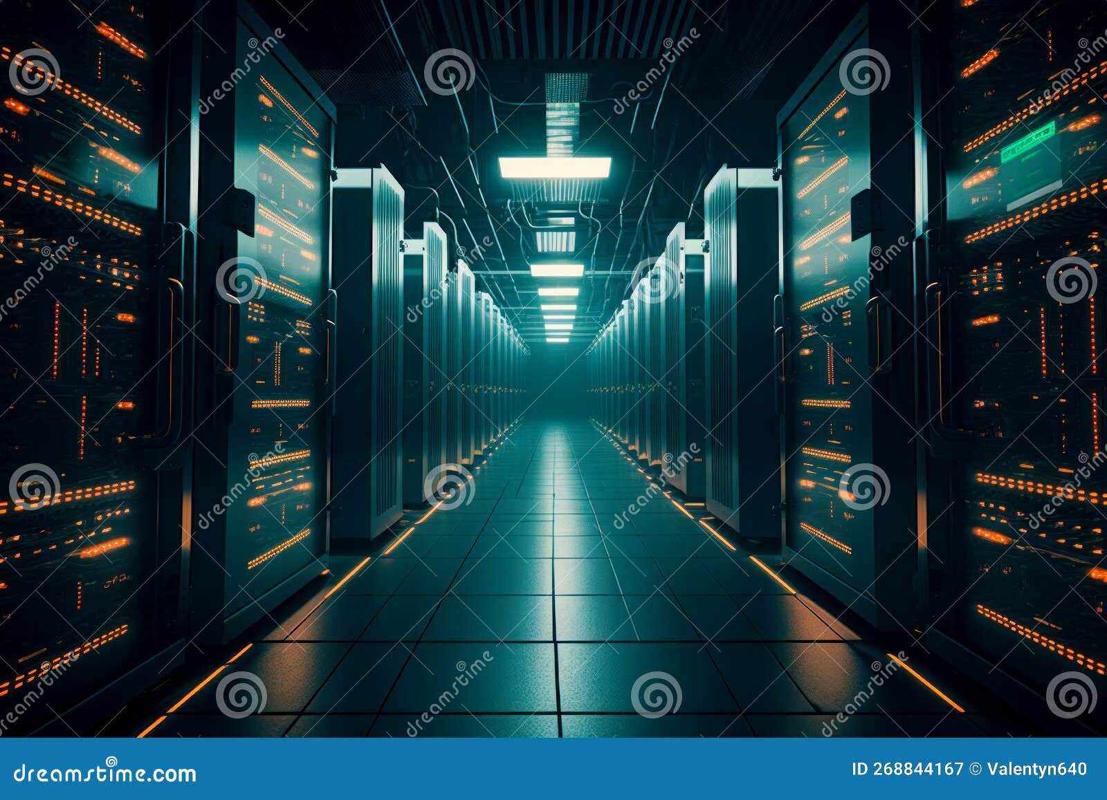 Long Hallway with Rows of Servers in a Data Center. Generative AI Stock ...