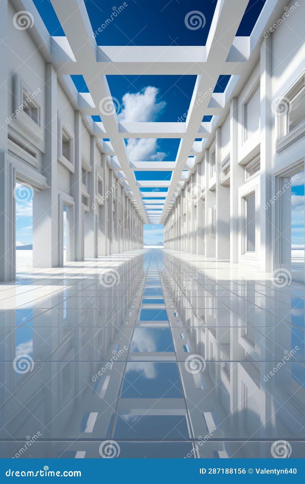 Long Hallway with Sky and Clouds Reflected in the Floor. Generative AI ...