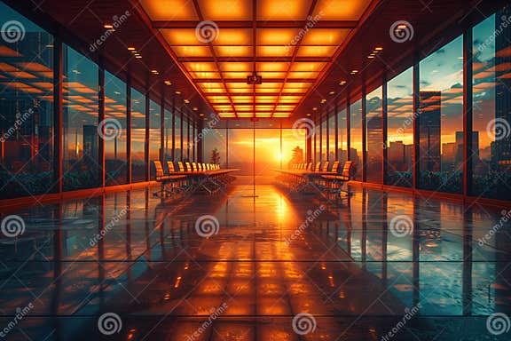 Long Hallway with Symmetrical Windows, Sunset Reflections on Metal ...