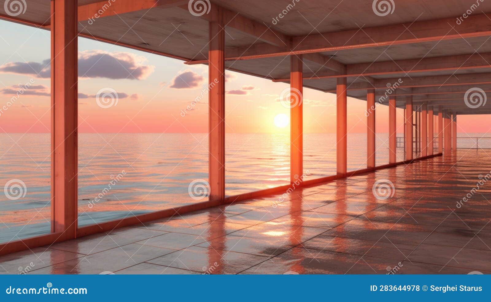 A Long Hallway with a View of the Ocean at Sunset. Generative AI Image ...
