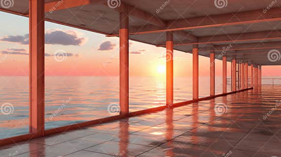 A Long Hallway with a View of the Ocean at Sunset. Generative AI Image ...