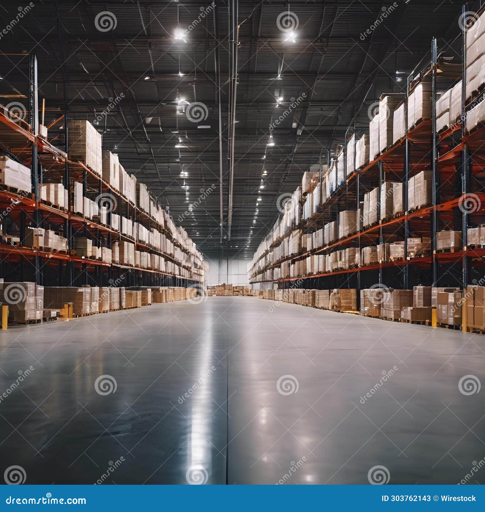 A Long Hallway in a Warehouse Filled with Lots of Boxes Stock ...