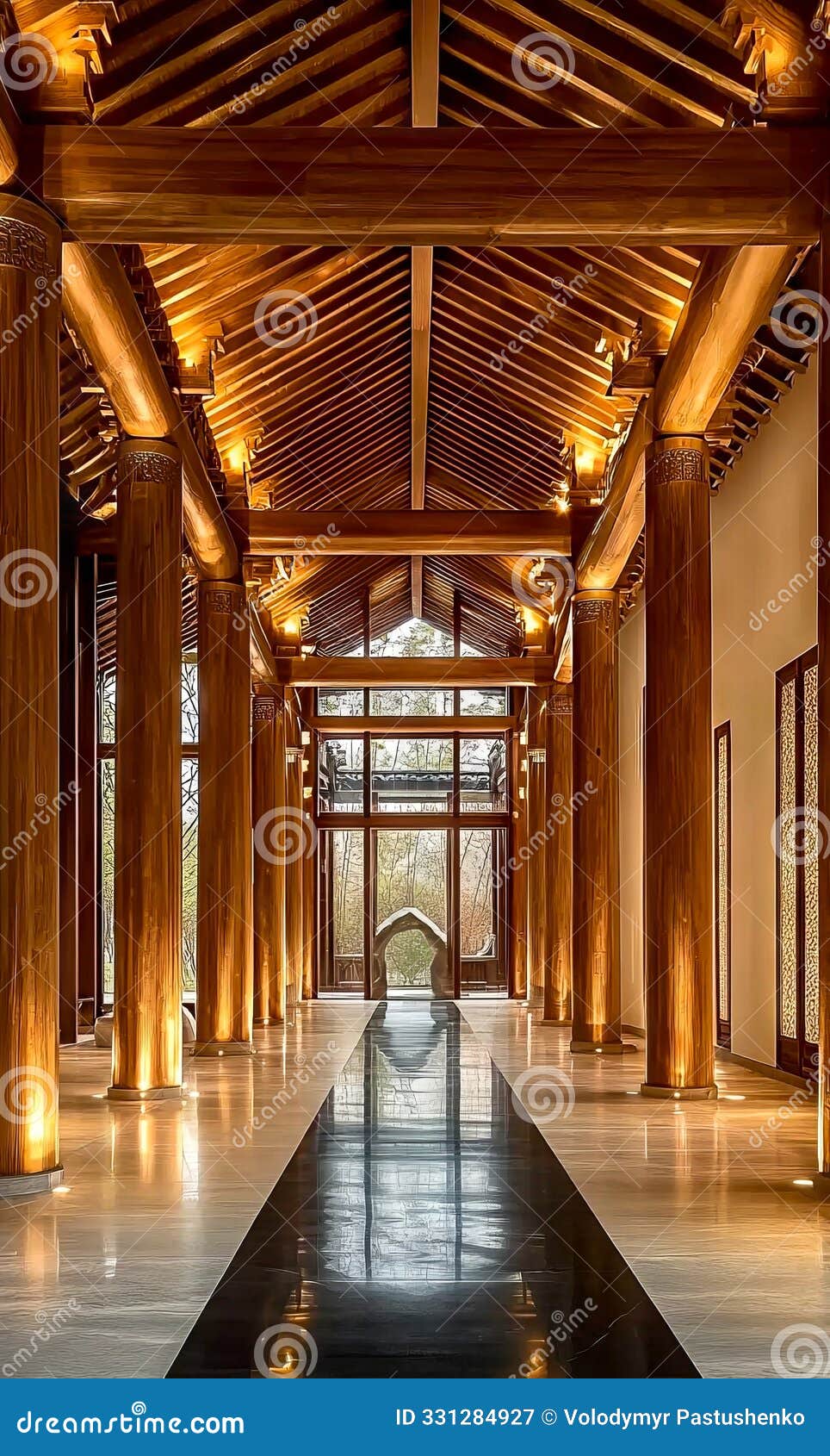 A Long Hallway with Wooden Pillars and a Wooden Ceiling Stock Image ...