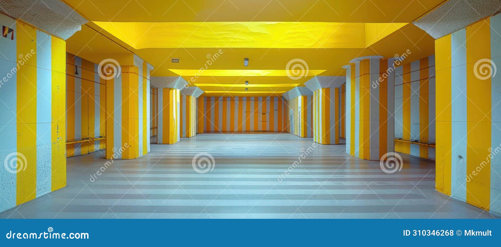 Long Hallway with Yellow and White Striped Walls Stock Photo - Image of ...