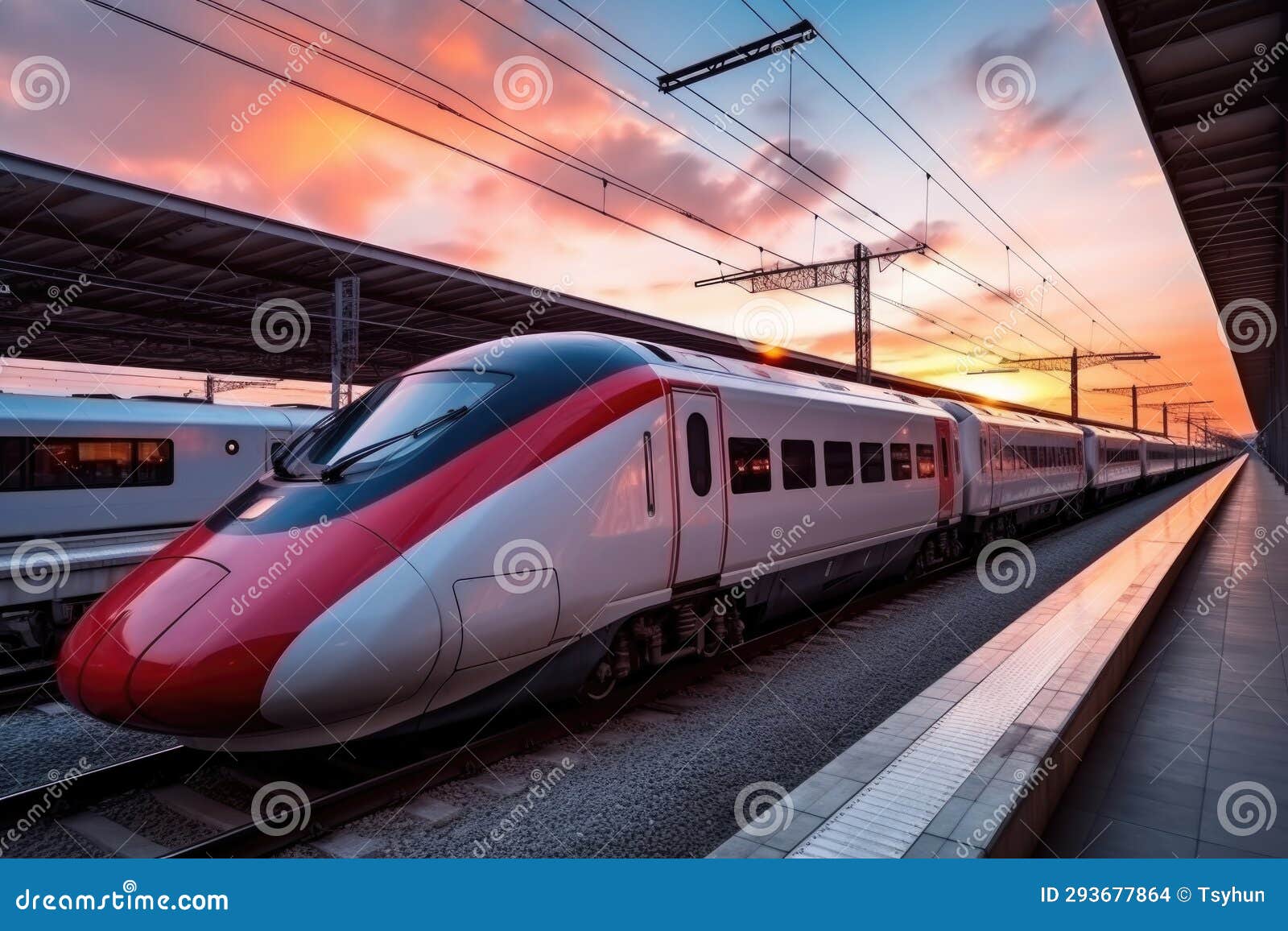 A Long High-speed Train Standing Outdoor on the Platform of the Railway ...