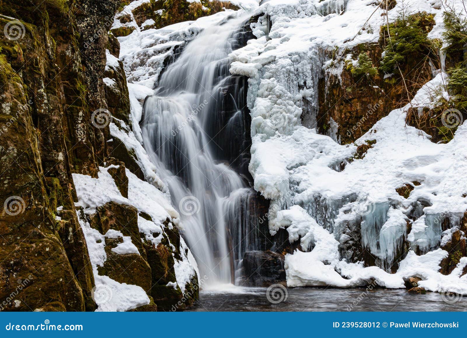 Long High Waterfall in Mountains Full of Snow Stock Photo - Image of ...