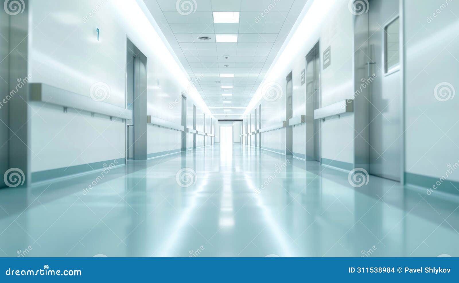 Long Hospital Bright Corridor with Rooms Stock Photo - Image of design ...