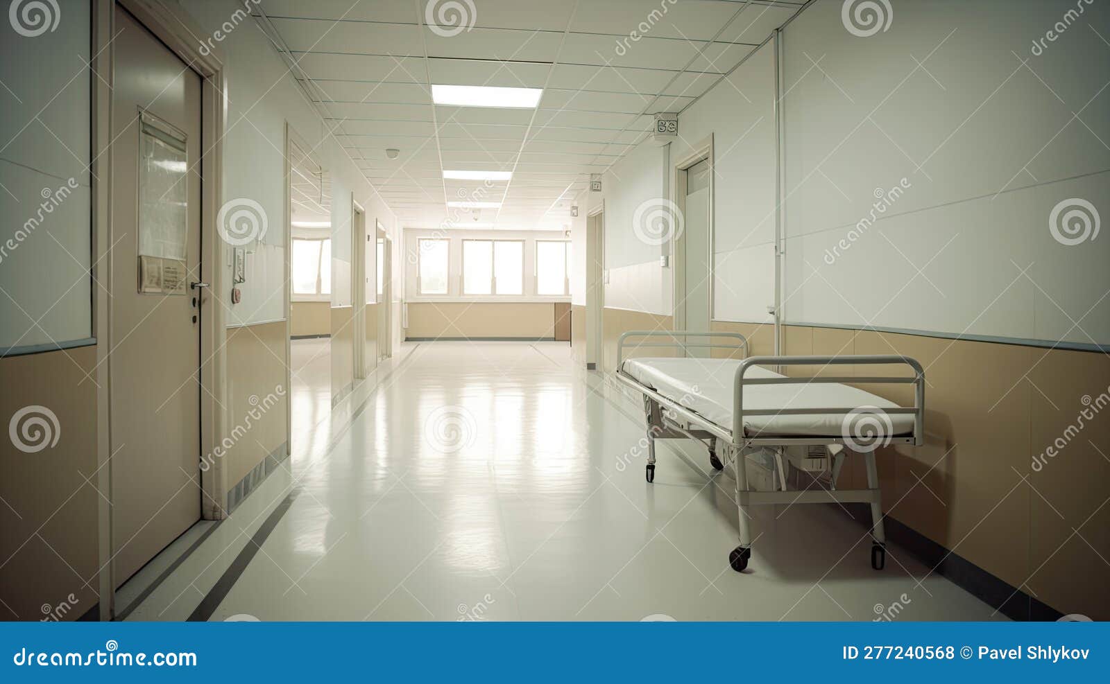Long Hospital Bright Corridor with Rooms and Seats Stock Illustration ...
