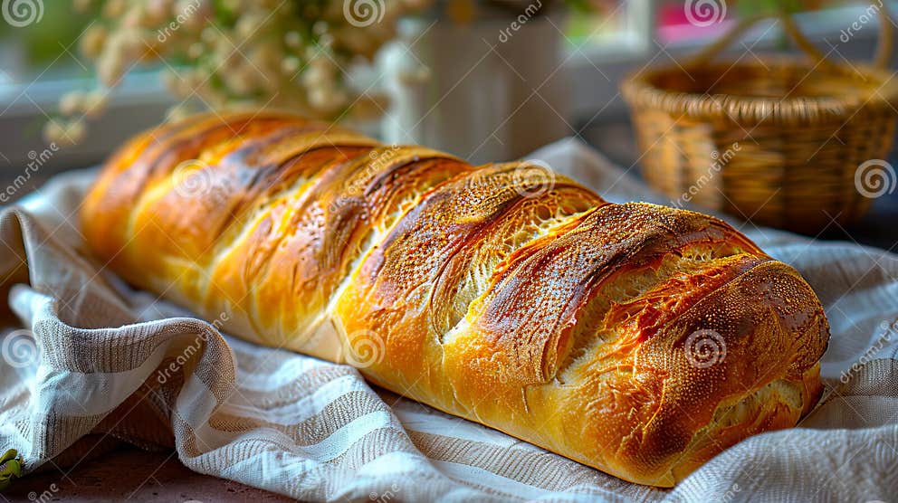 A Long Loaf of Bread on a Table Stock Image - Image of baked, napkin ...