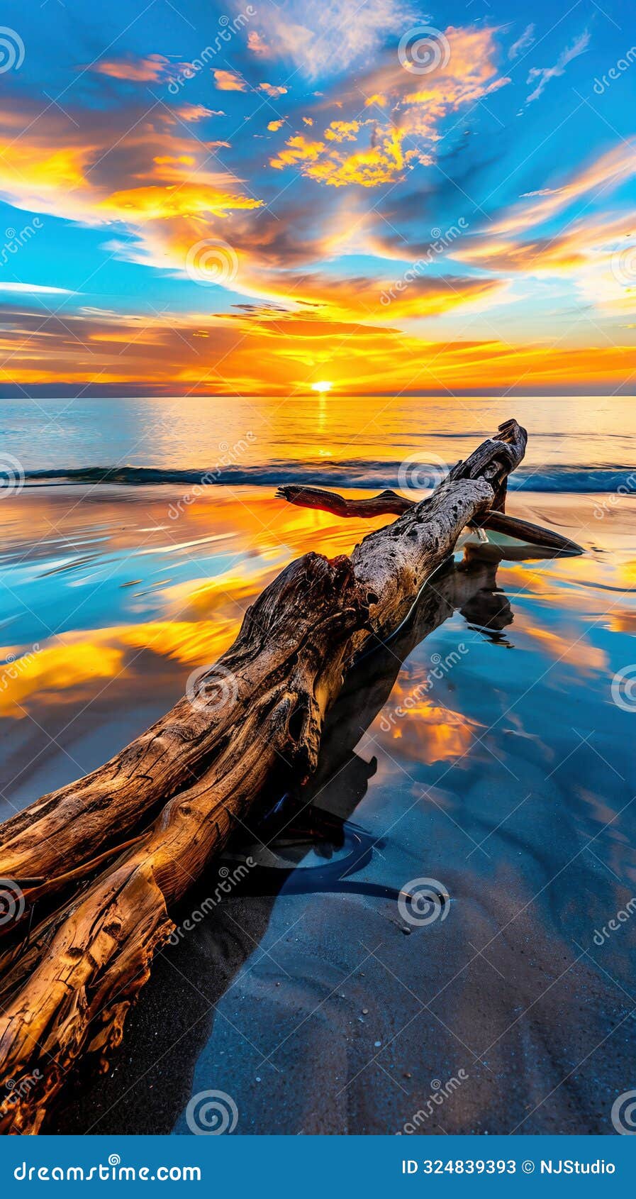 A Long Log is Floating in the Ocean with the Sun Setting in the ...