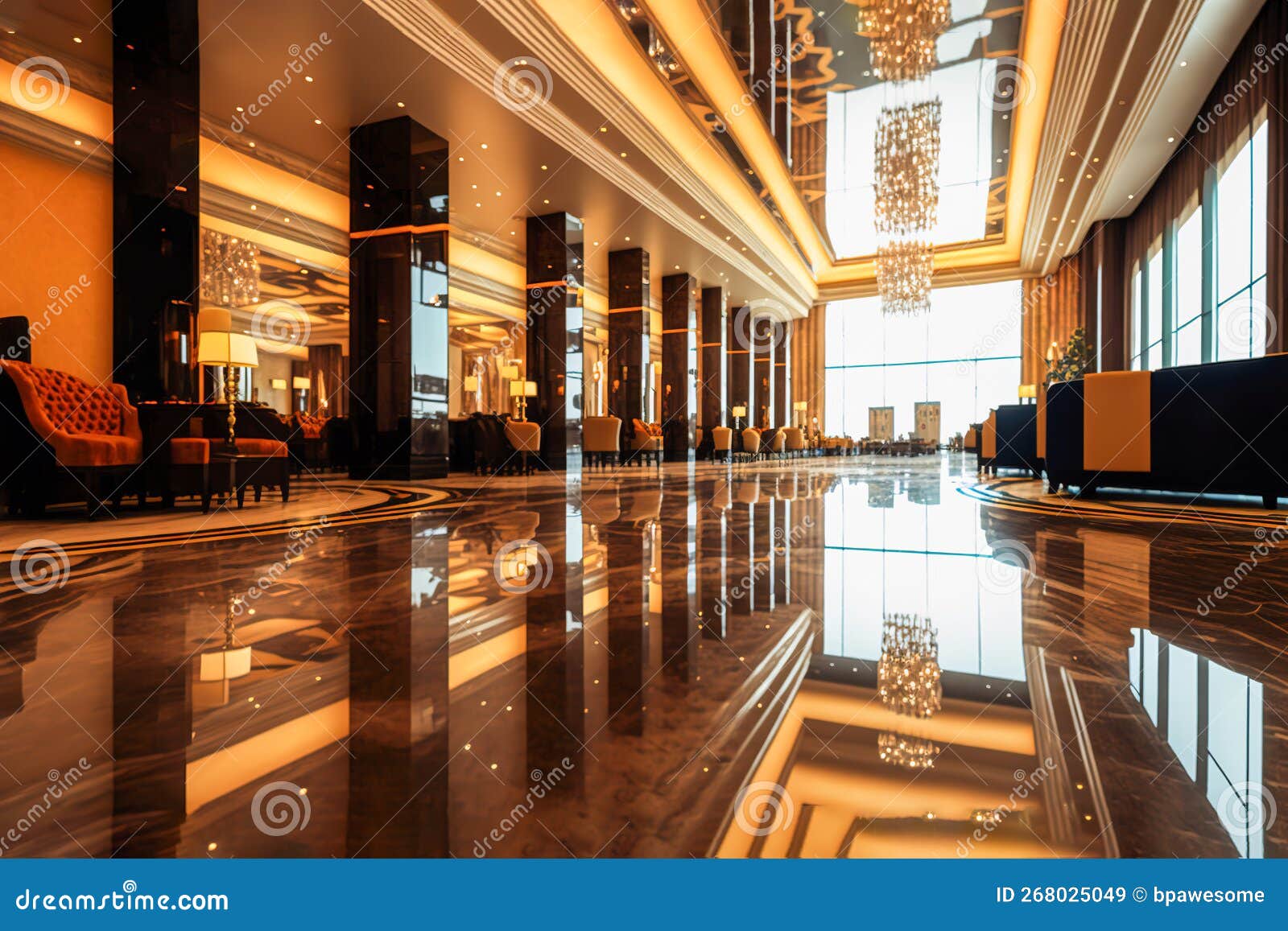 A Long Luxurious Hotel Lobby with Black Marble Columns, Generative AI ...