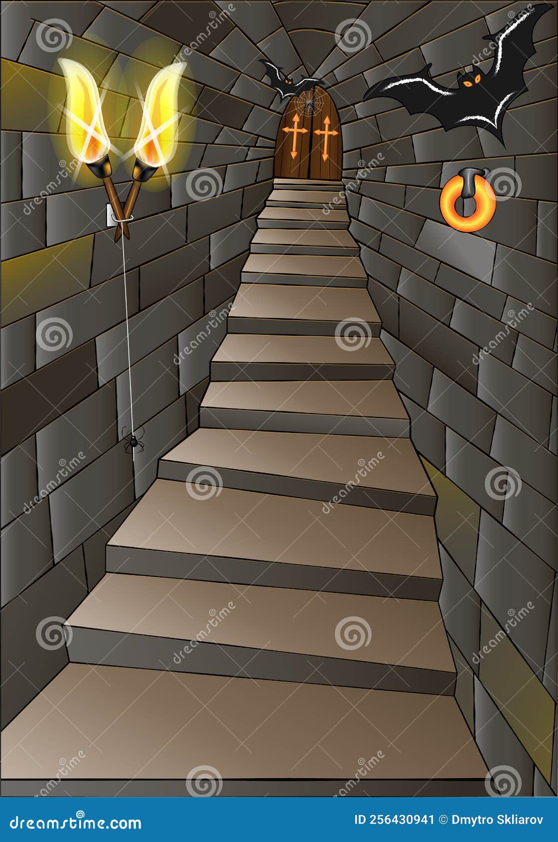 Long Medieval Castle Corridor with Torches. Stock Vector - Illustration ...