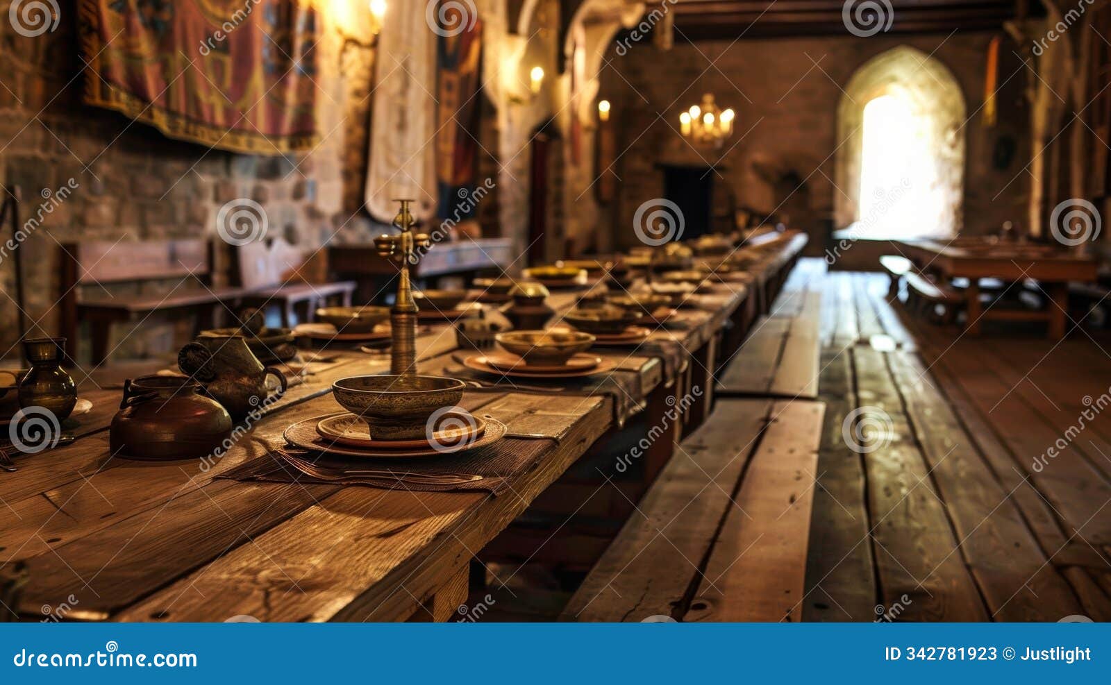 Long Medieval Table Set for Feast in Ancient Castle Hall Stock Image ...
