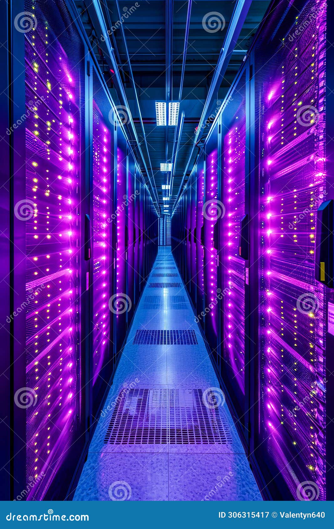 Long and Narrow Purple Lit Hallway with Servers on Both Sides of it ...