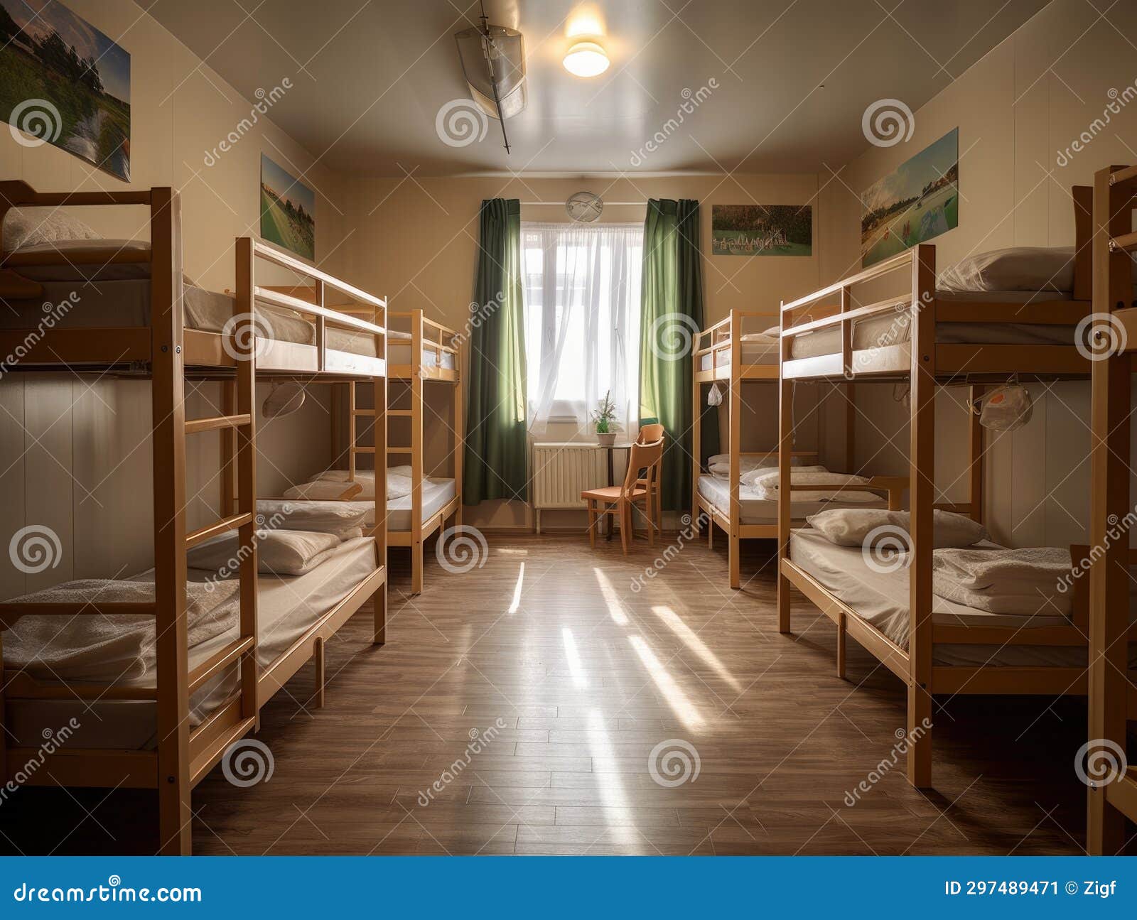 Long, Narrow Room with Several Bunk Beds. There are Two Rows of Bunks ...