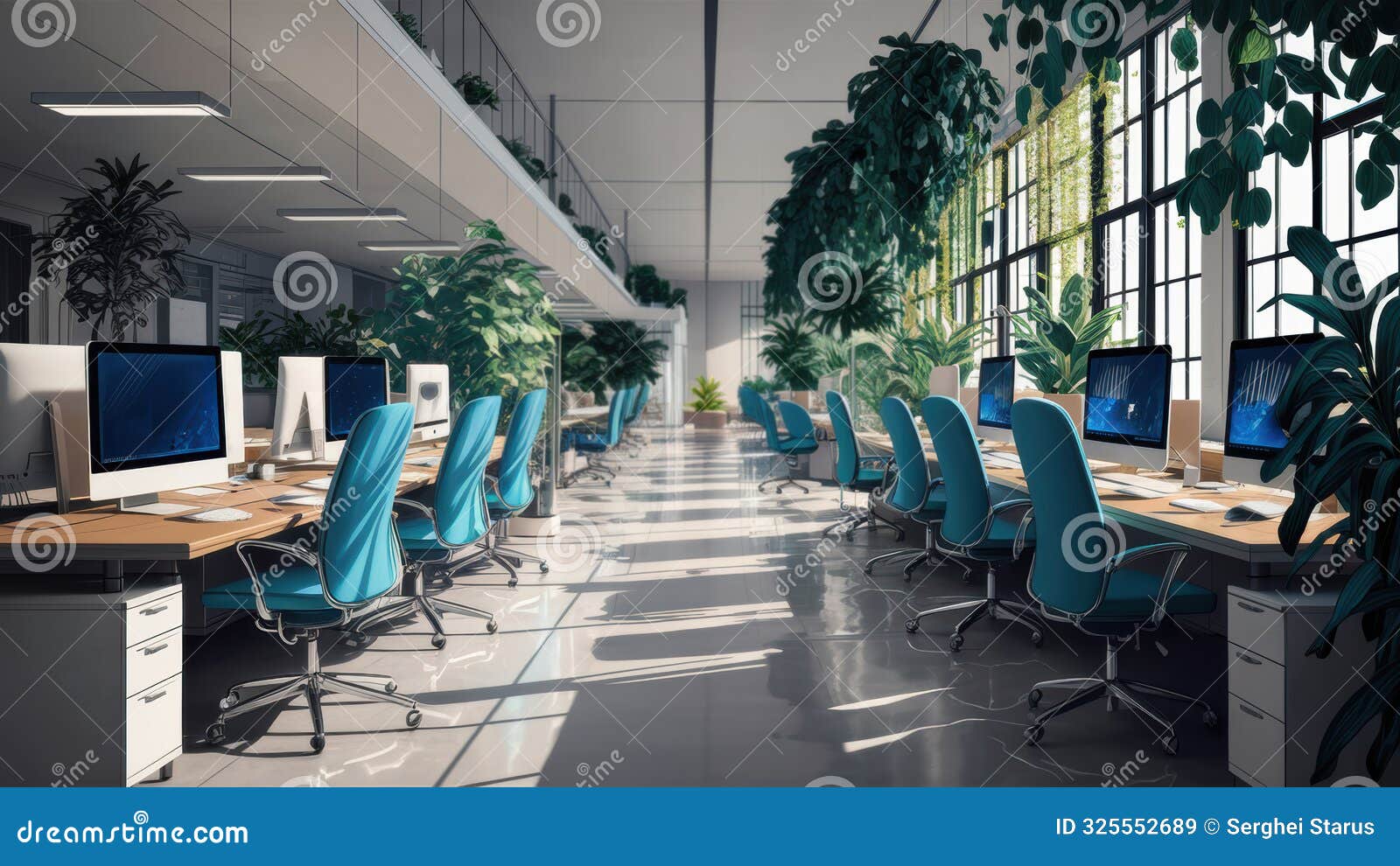 A Long Office with Lots of Computers and Chairs in it, AI Stock Image ...