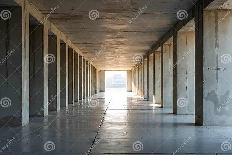 A Long, Open Corridor with a Concrete Floor and Ceiling Stock Image ...