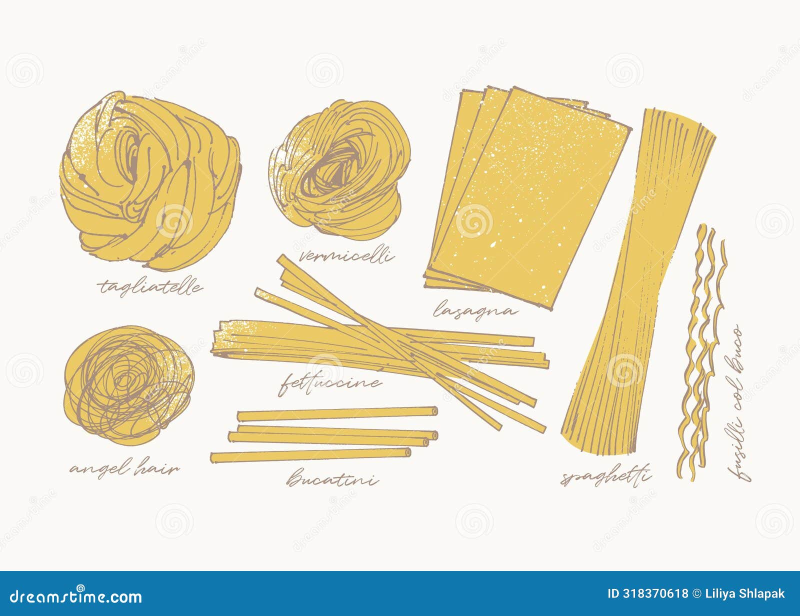 Long Pasta Types Guide, Hand Drawn Illustration Stock Vector ...
