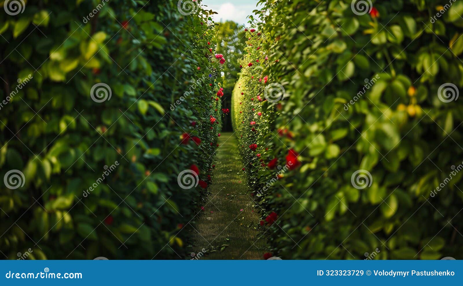 A Long Path through a Hedge with Red Flowers Stock Image - Image of ...
