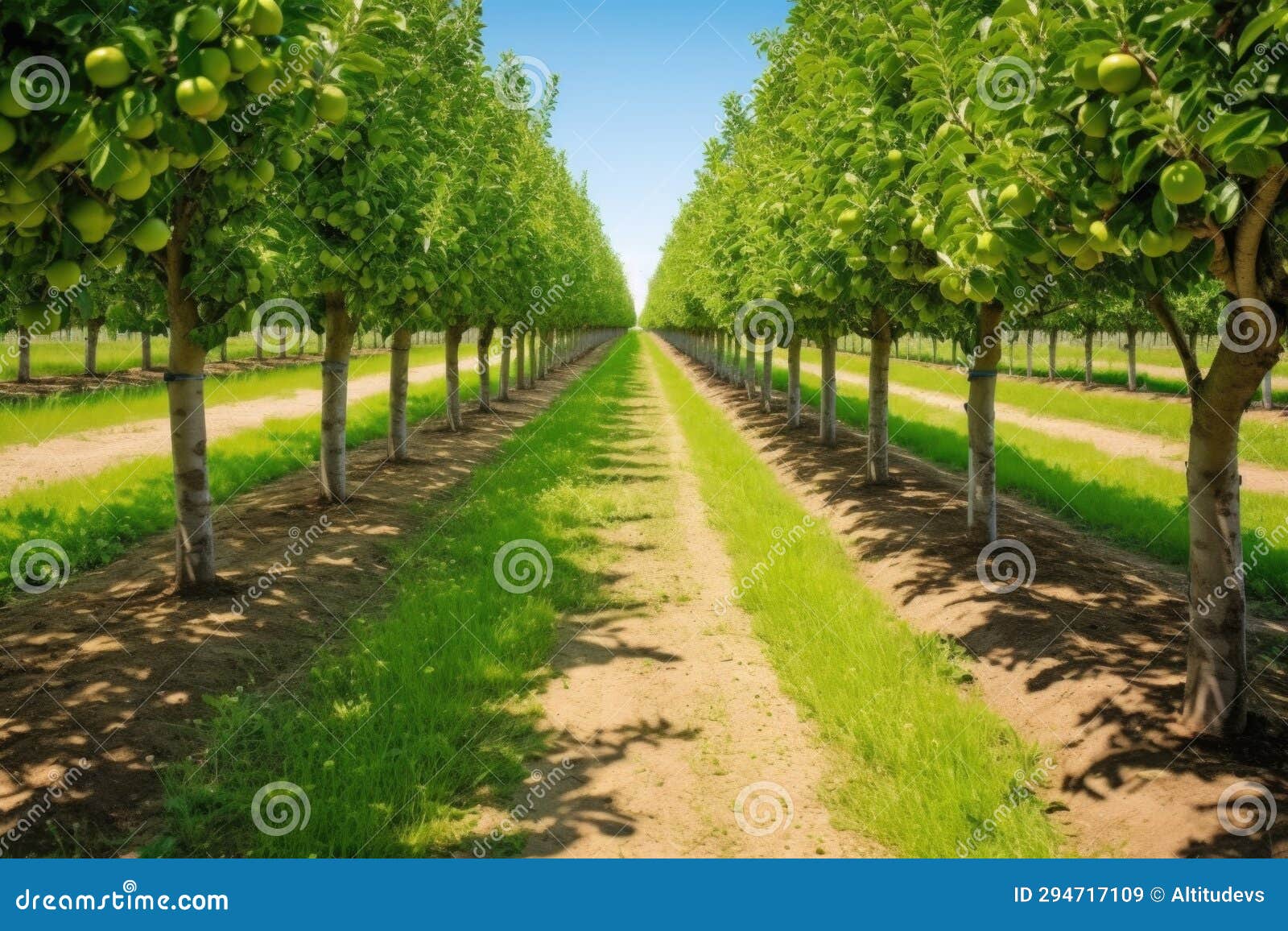 Long Perspective of Apple Tree Rows in Summer Stock Image - Image of ...