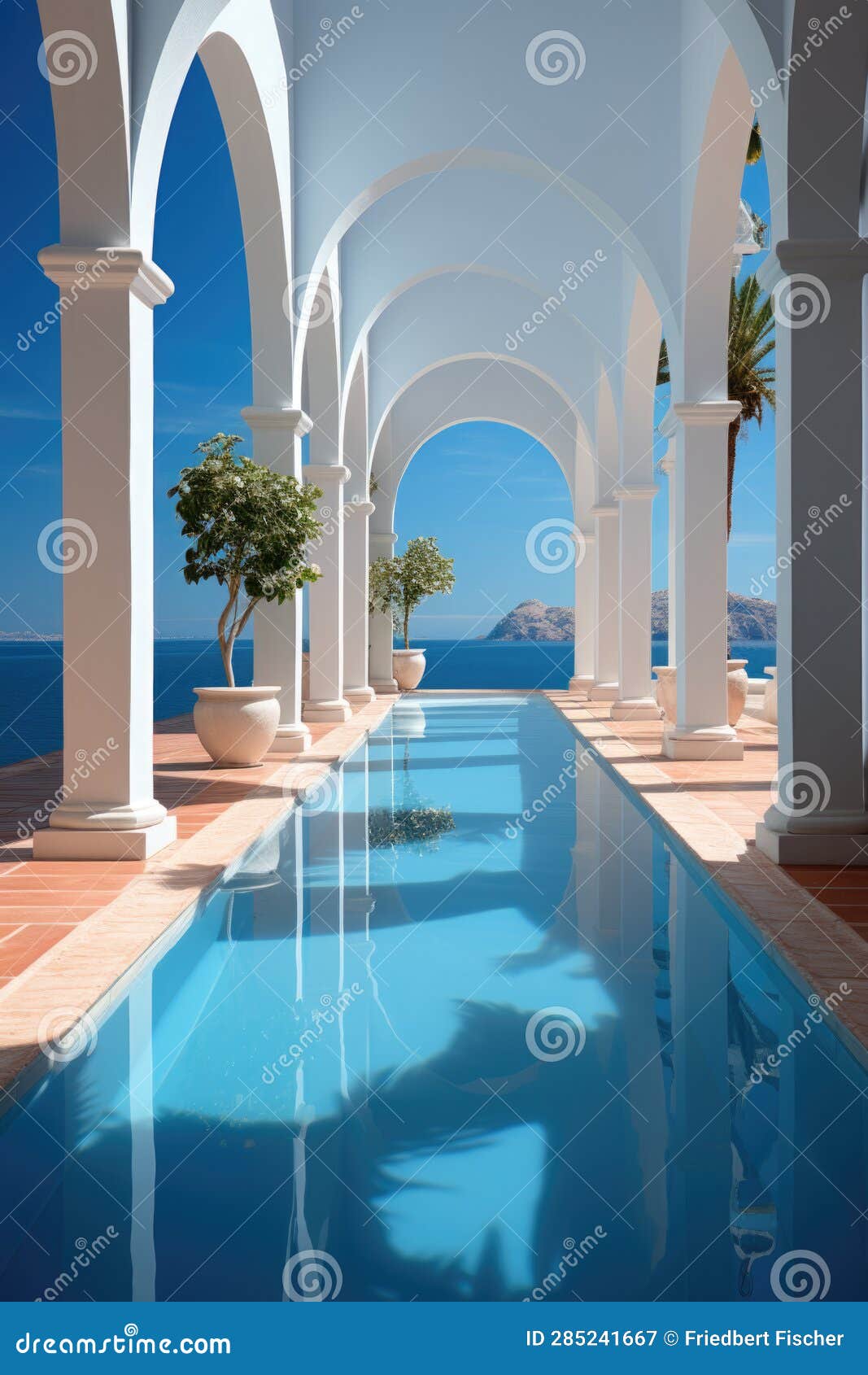 A Long Pool in a Building with a View of the Ocean. Digital Image ...