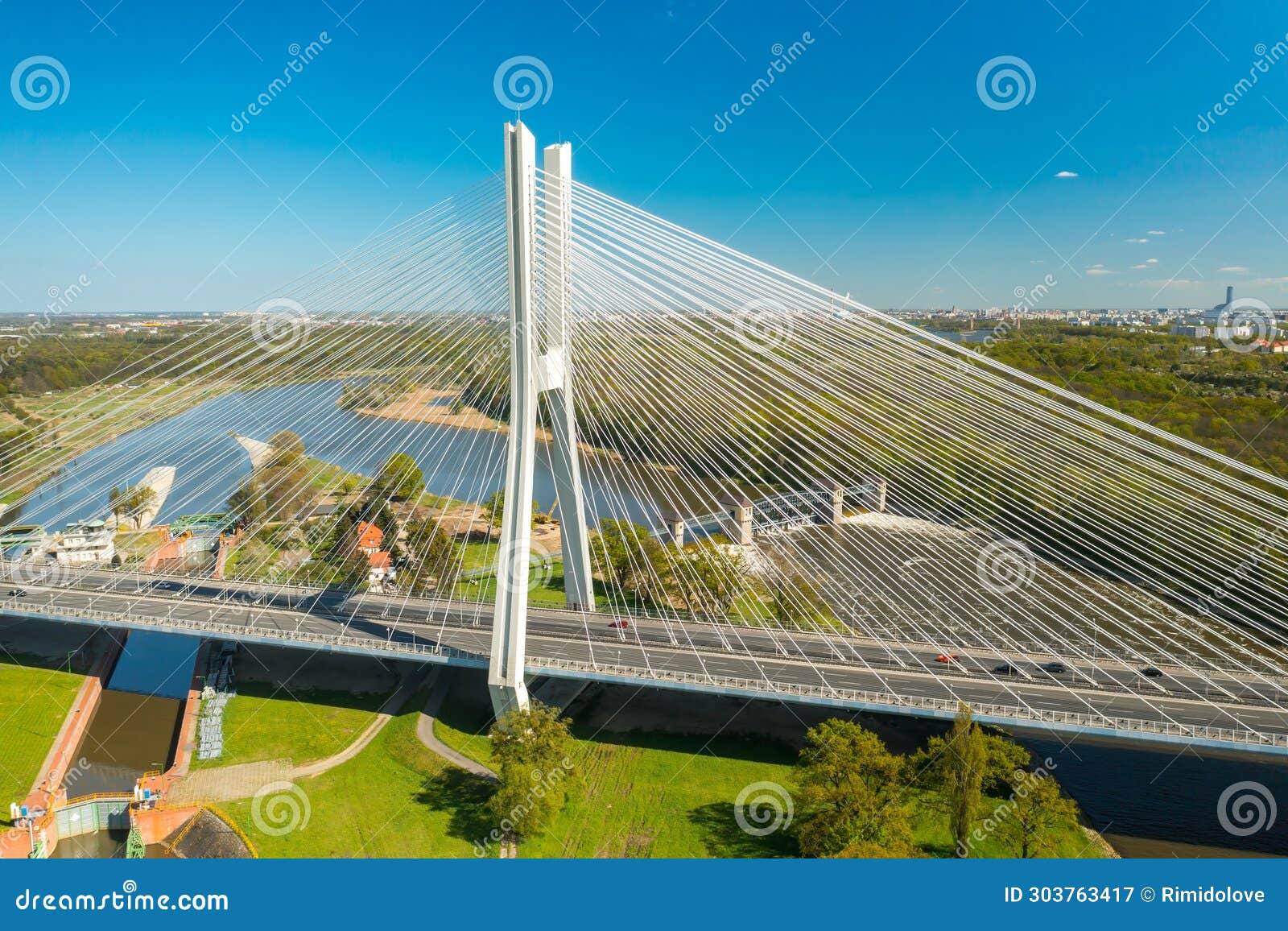 Long Pylon Bridge Spanning Oder River Against Sunny Wroclaw Stock Image ...