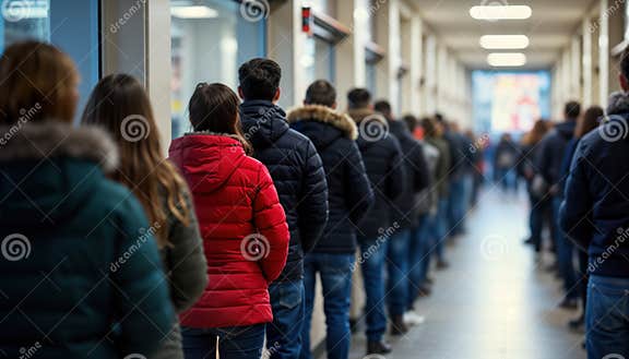 Long Queue of Adults Wait Inside. People Stand in Line. Diverse Crowd ... Long Queue of Adults Wait Inside. People Stand in Line. Diverse Crowd ...