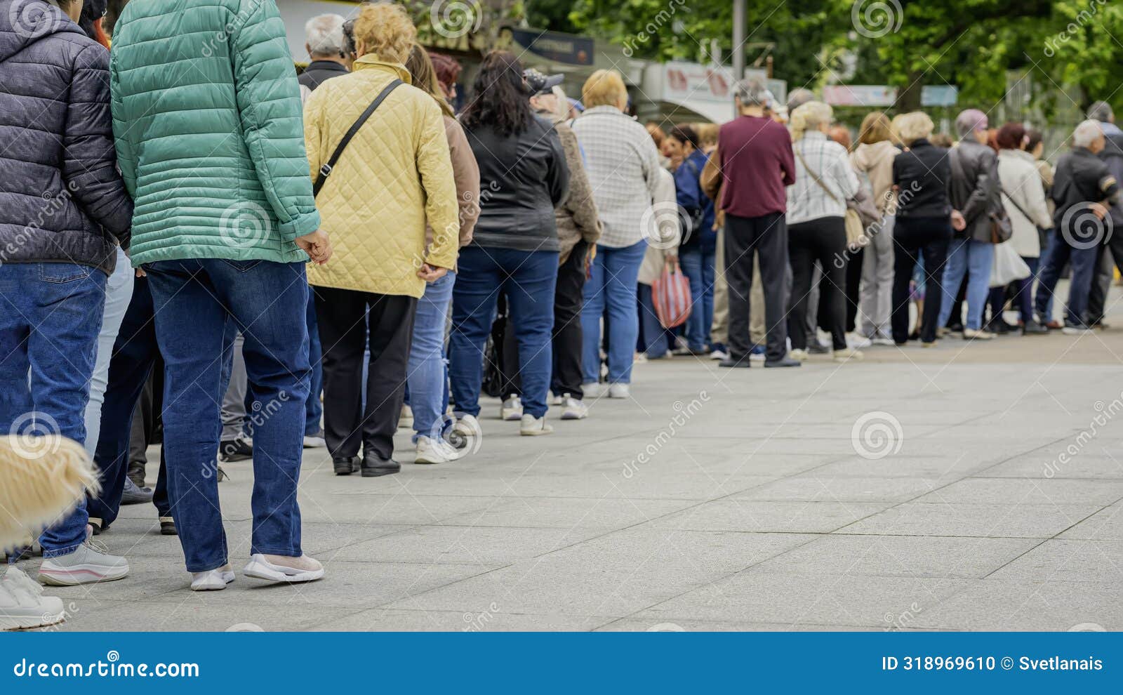Long Queue of People in Street, Back View Stock Photo - Image of ...