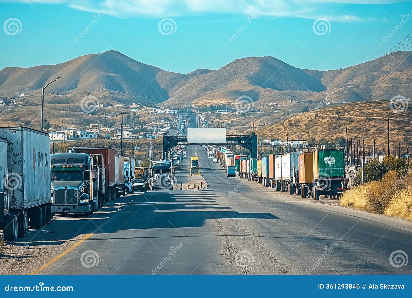 A Long Queue of Trucks at a Border Checkpoint Stock Photo - Image of ...