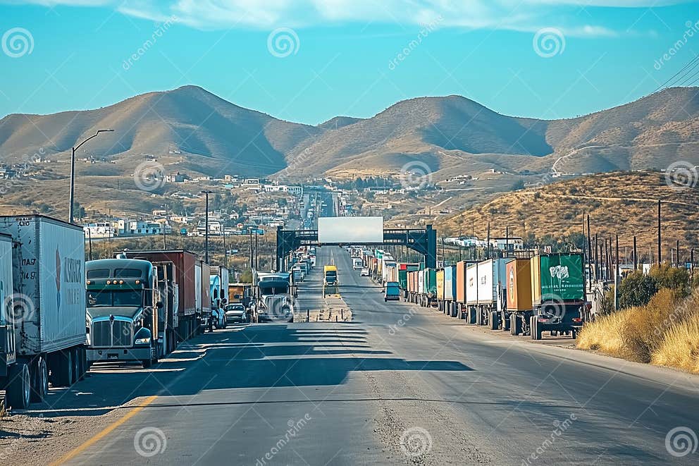 A Long Queue of Trucks at a Border Checkpoint Stock Photo - Image of ...