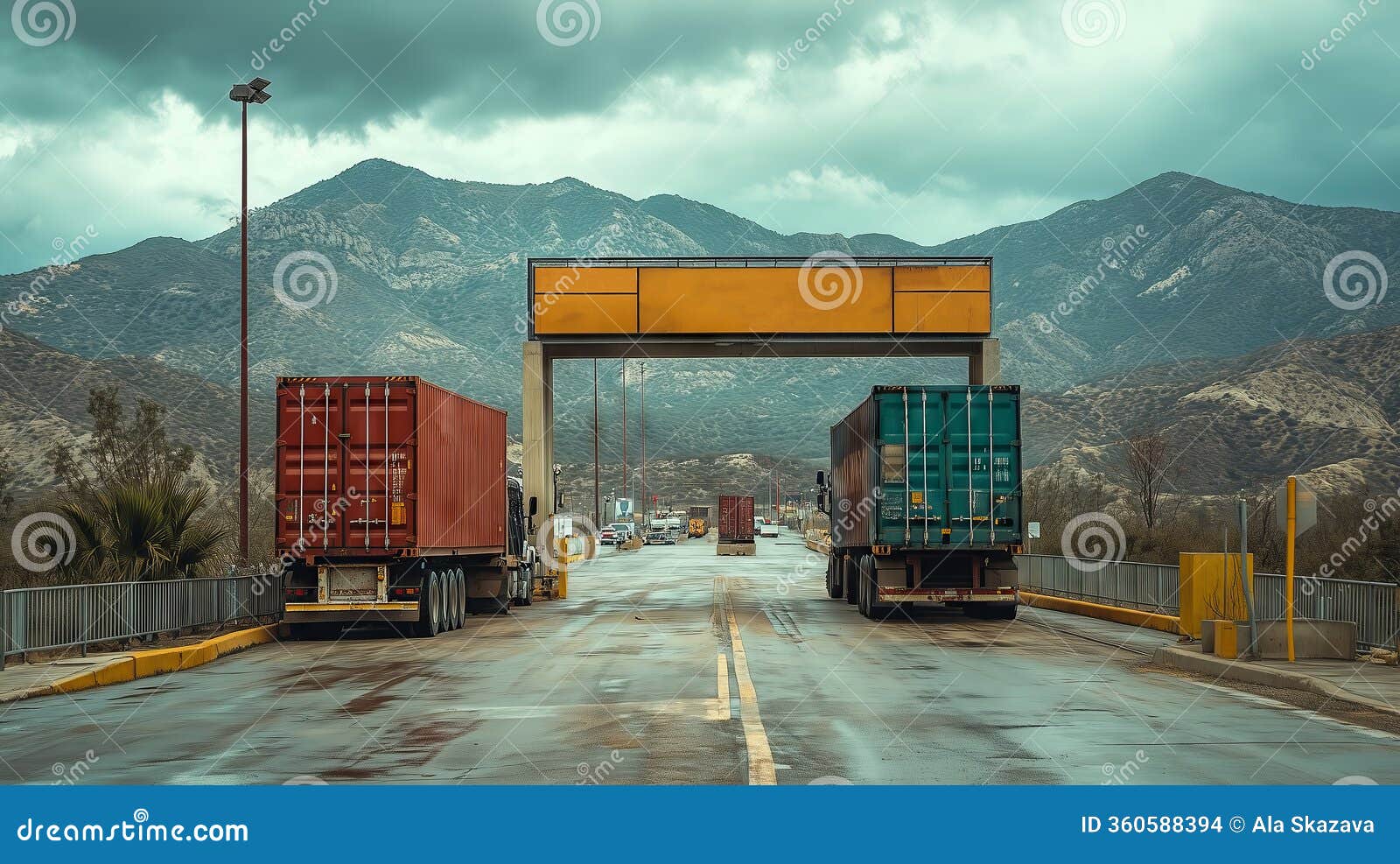 A Long Queue of Trucks at a Border Checkpoint on a Cloudy Day Stock ...