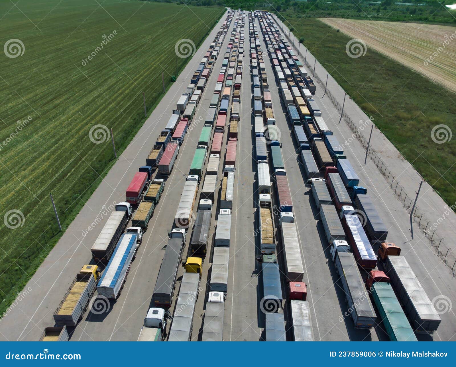 Long Queue of Trucks in the Port at the Terminal. Top View of the ...