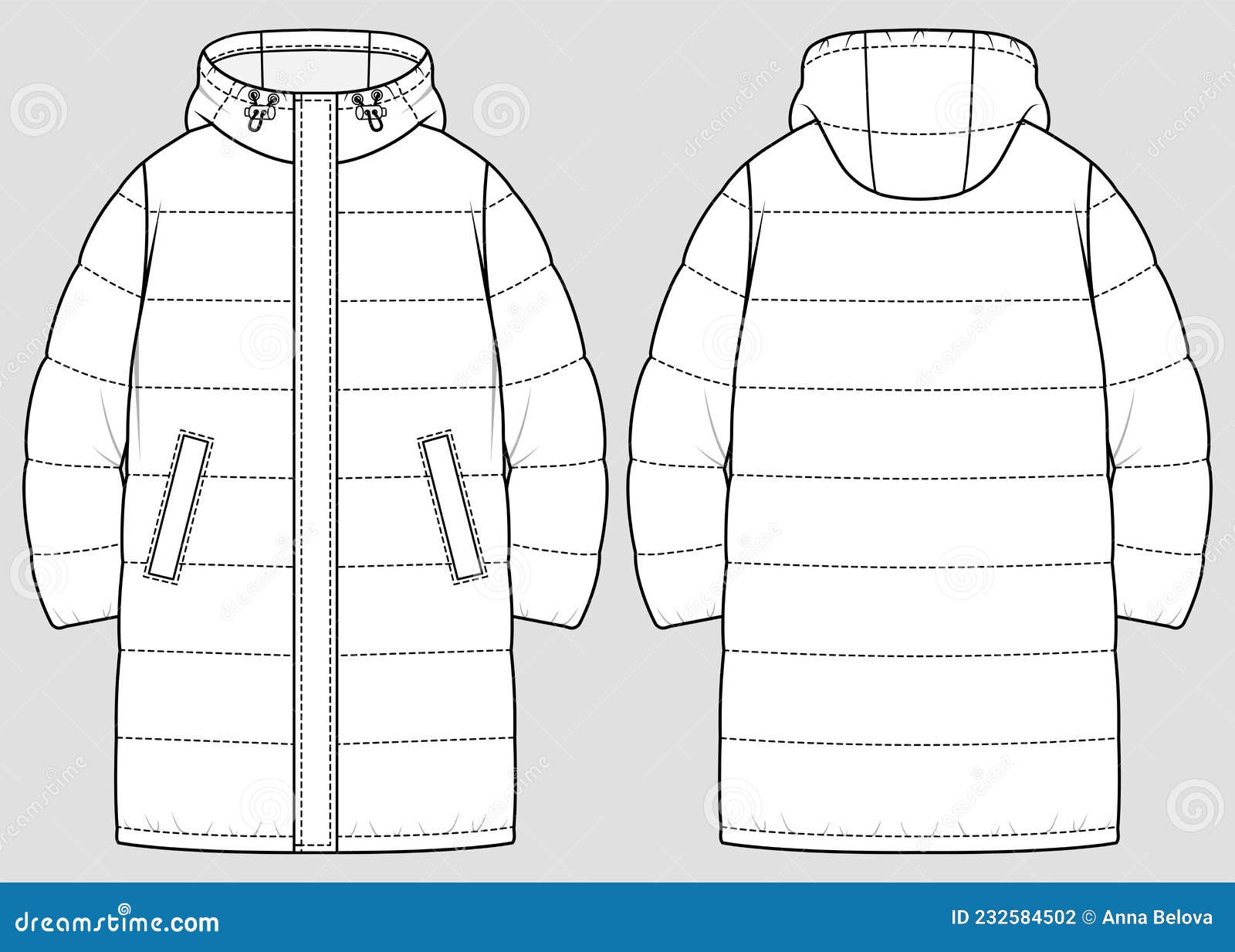 Long Quilted Jacket. Vector Technical Sketch. Mockup Template ...