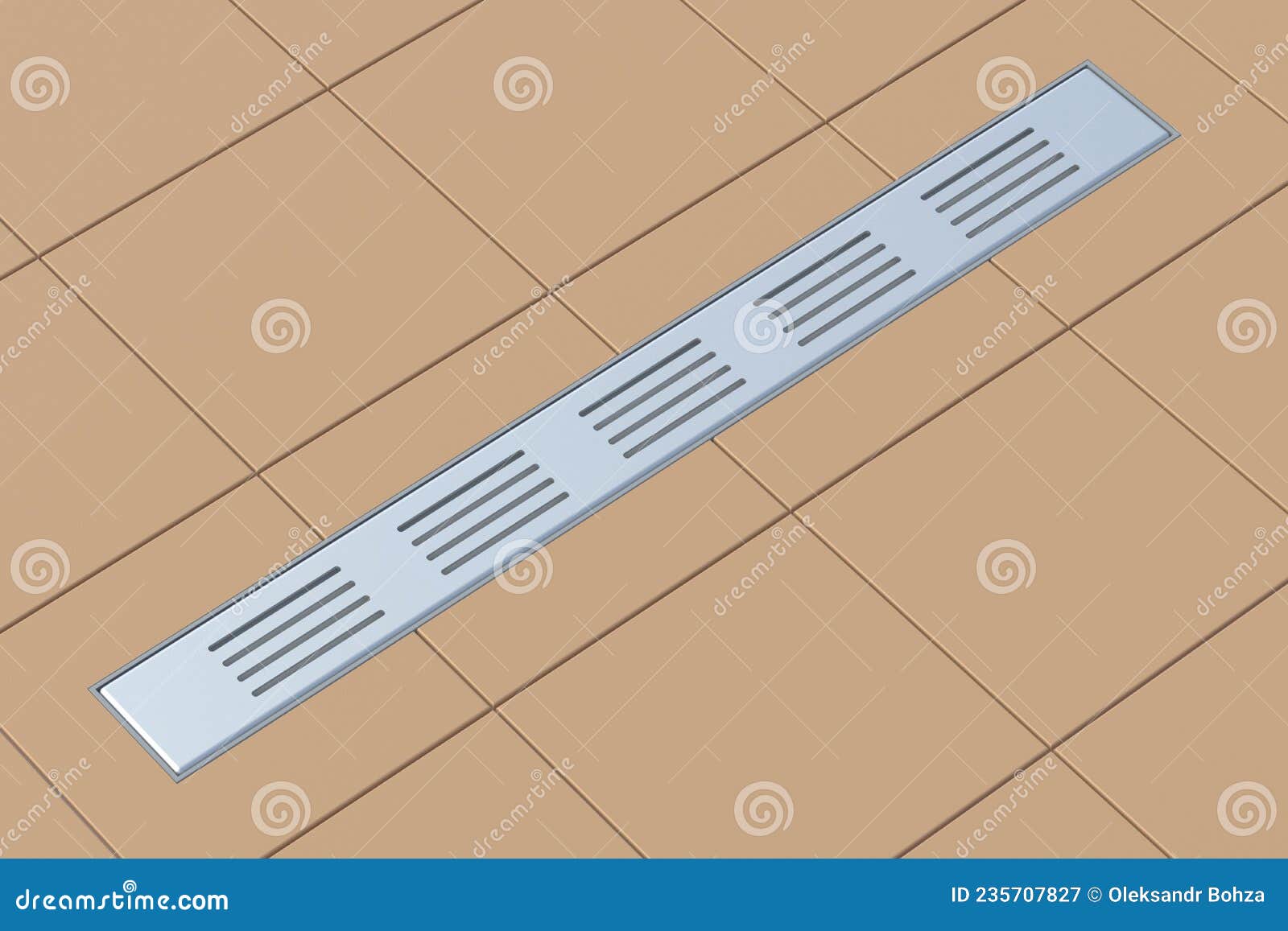 Long Rectangular Shower Drain with Stainless Grid in Bathroom on Floor ...