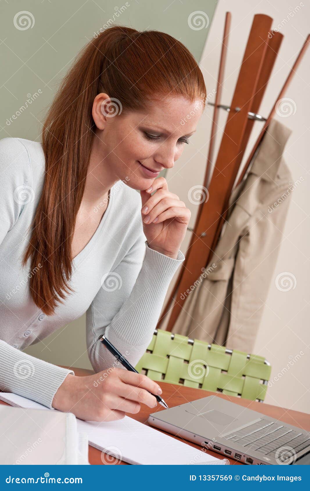 Long Red Hair Woman Working at Office Stock Image - Image of secretary ...