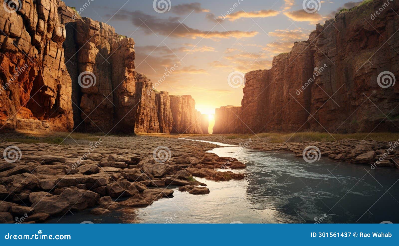Long River between Huge Cliff with Ground Texture and Background. Wide ...