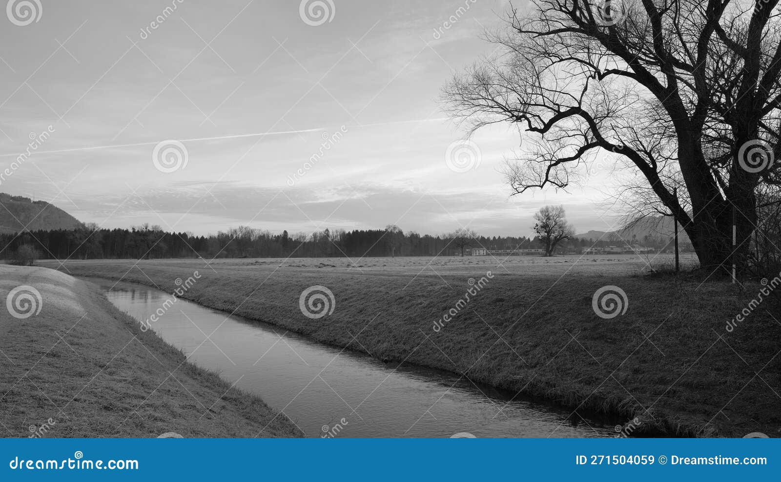 Long River in the Landscape in Black and White Stock Image - Image of ...