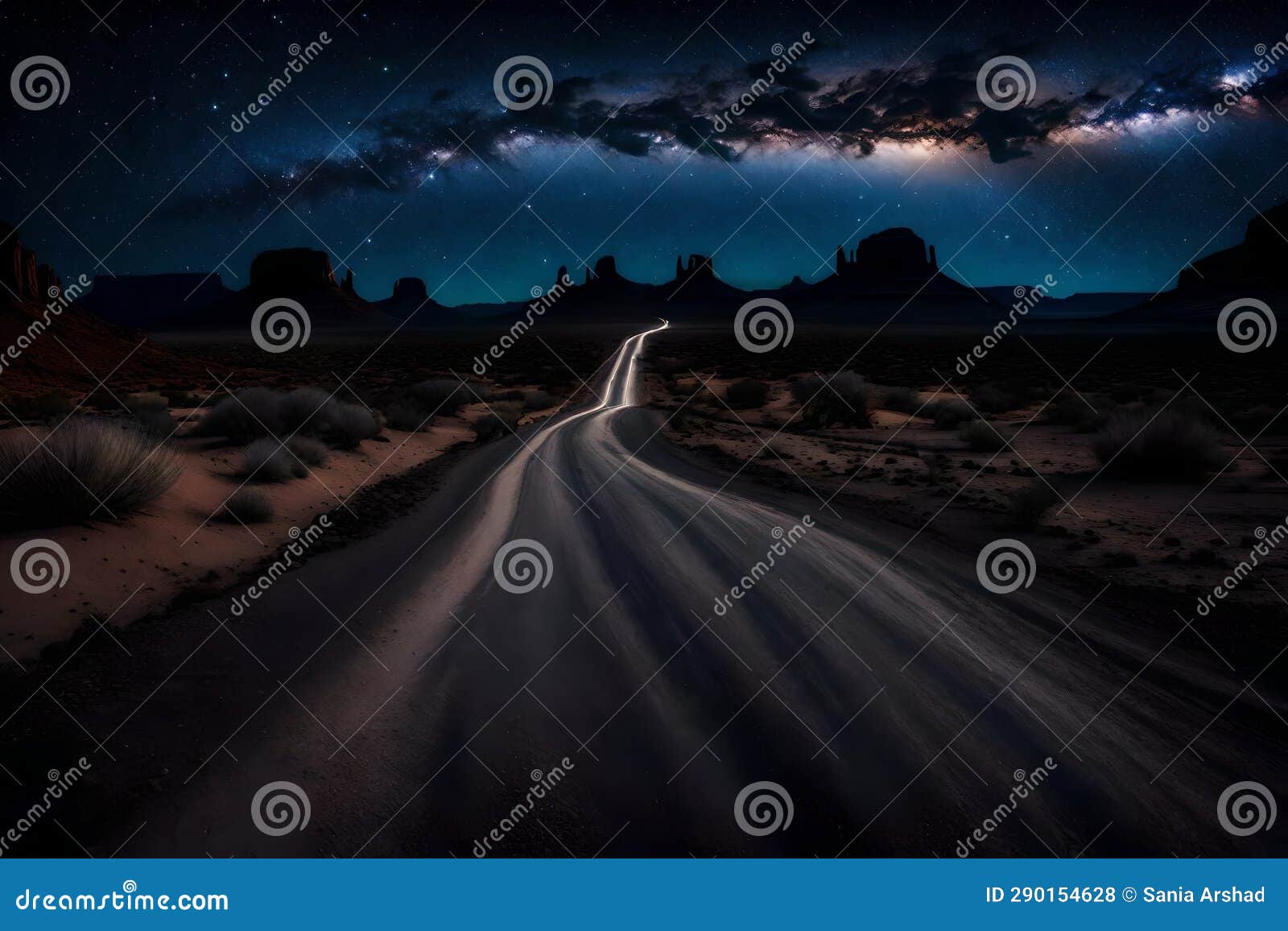 Long road in starry night stock illustration. Illustration of poster ...