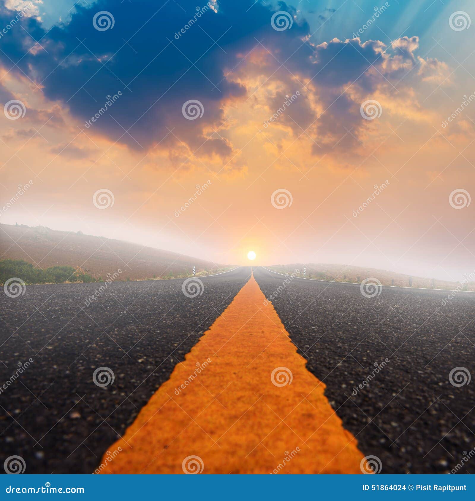 Long Road and Sunset with Sun Rays Stock Photo - Image of light, sunset ...