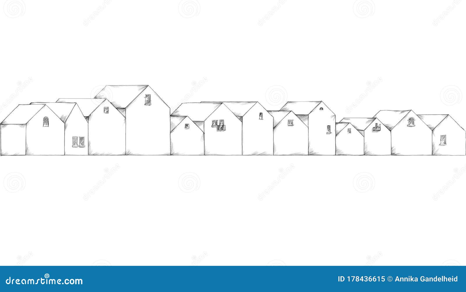 Long Row of Houses with Residents Stock Illustration - Illustration of ...