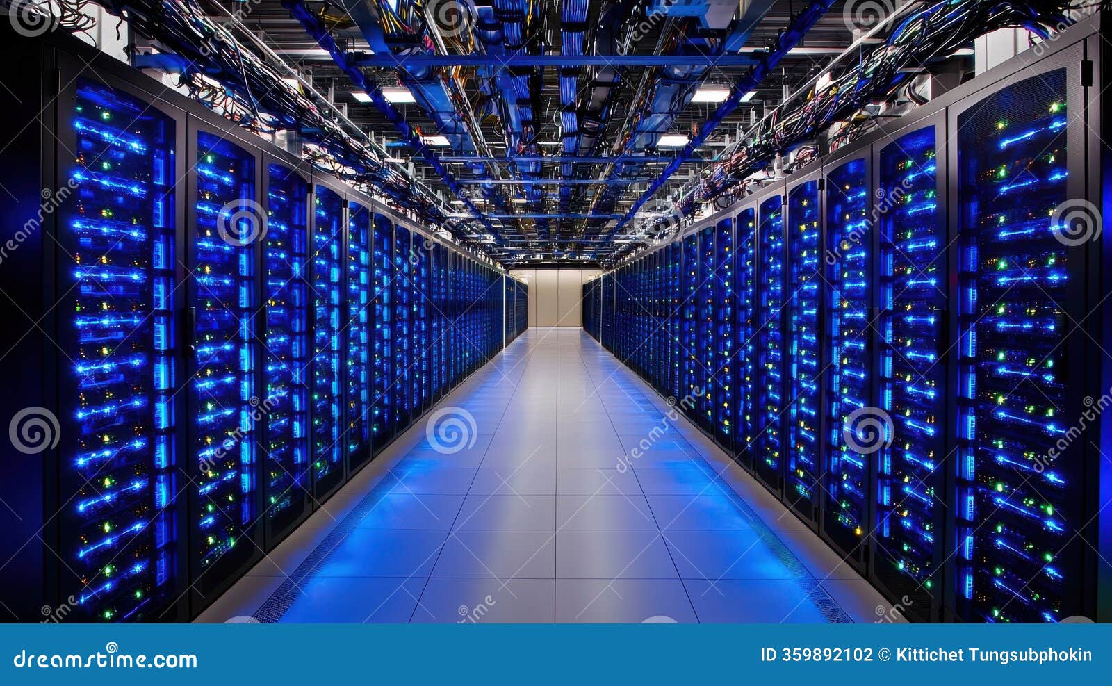 Long Row of Network Servers in a Data Center with Bright Led Indicators ...