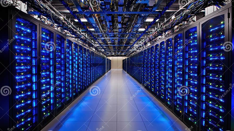 Long Row of Network Servers in a Data Center with Bright Led Indicators ...