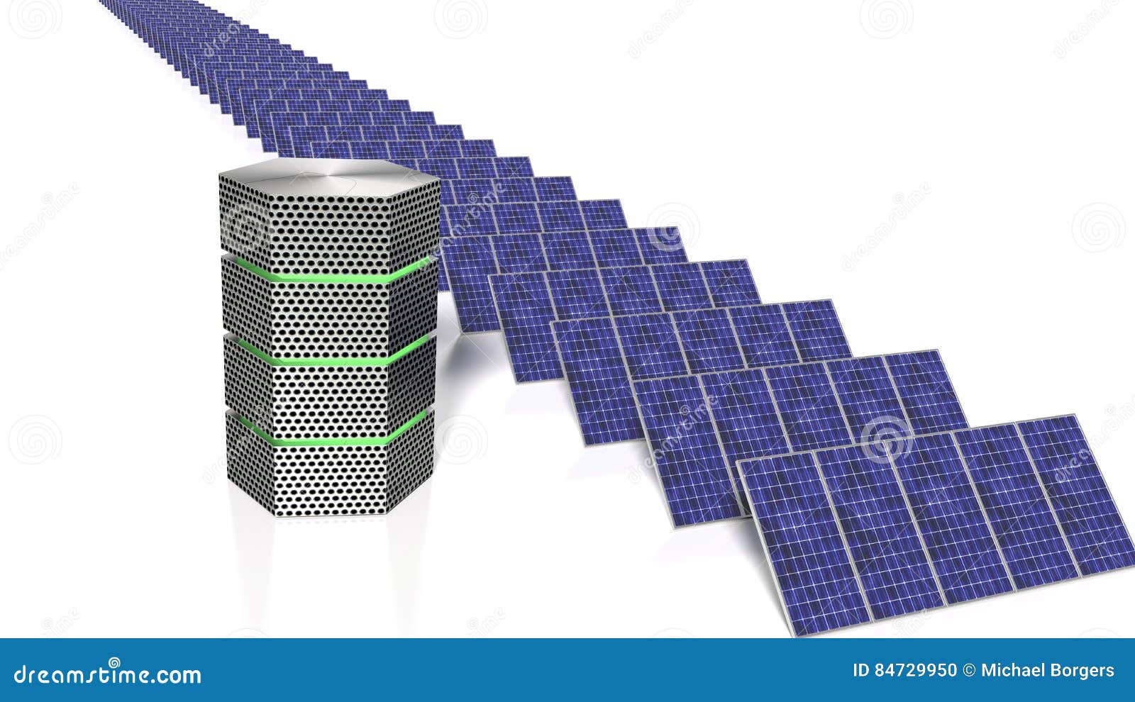 Long Row of Solar Panels Next To a Green Glowing Supercomputer Stock ...