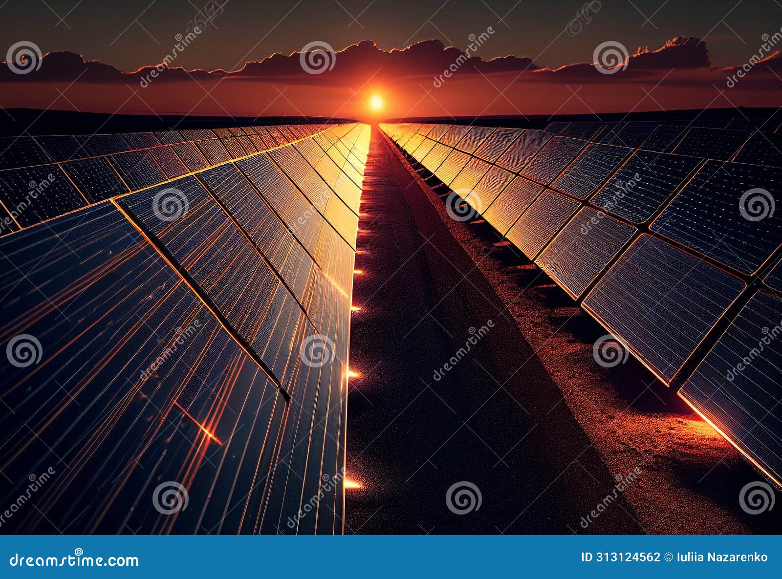 Long Row of Solar Panels at Sunset. AI Generated Stock Photo - Image of ...