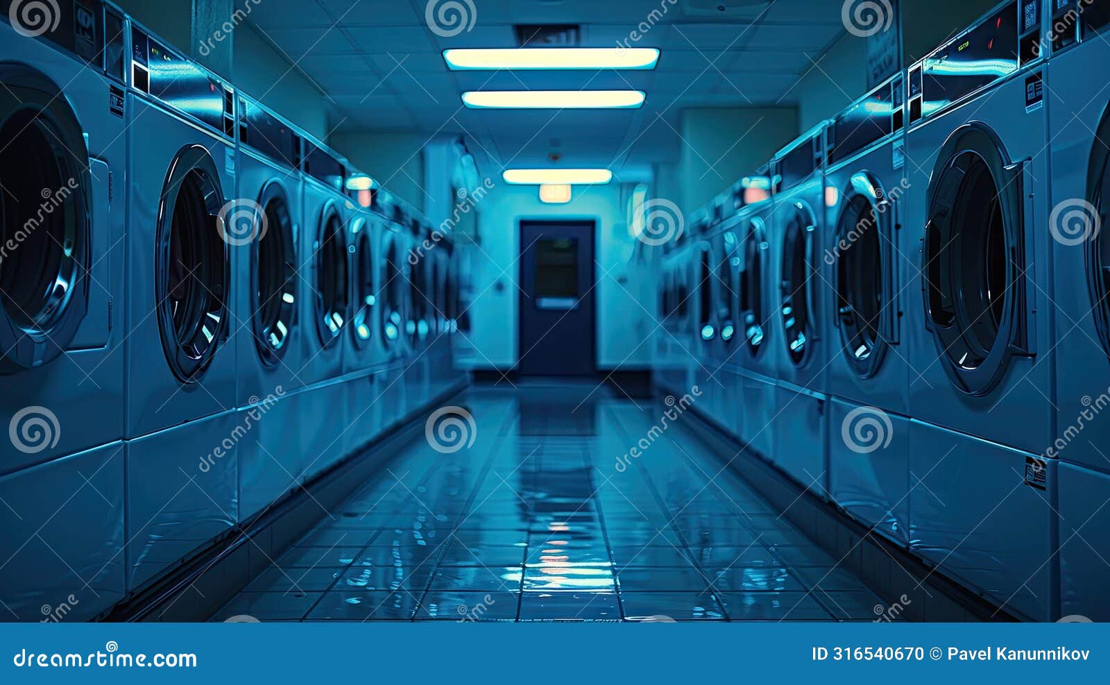 Endless Cycle: Symmetrical Rows of Washers in a Busy Laundry Room Stock ...