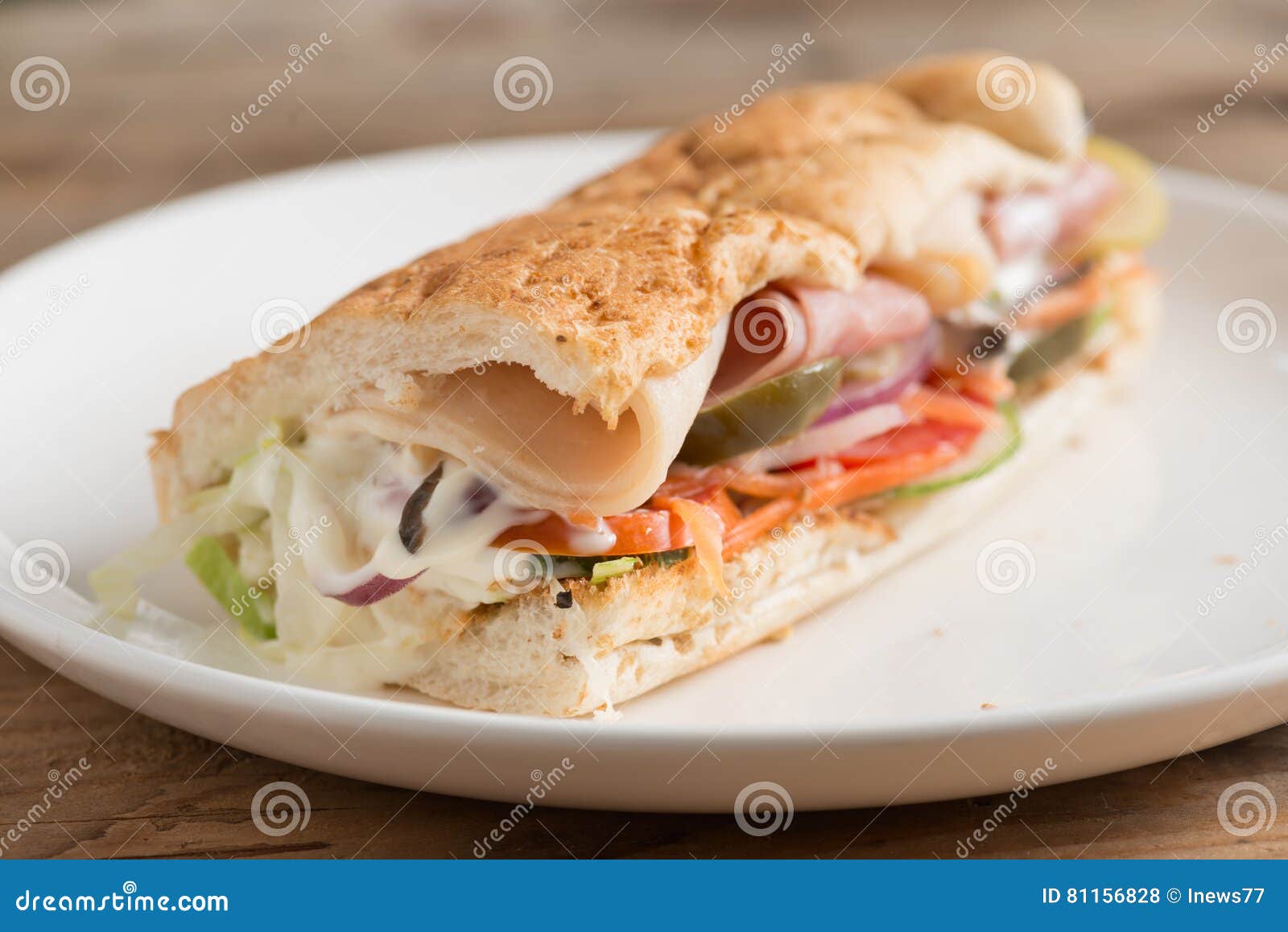 Long Sandwich with Ham, Cheese, Tomatoes, Red Onion and Lettuce. Stock ...