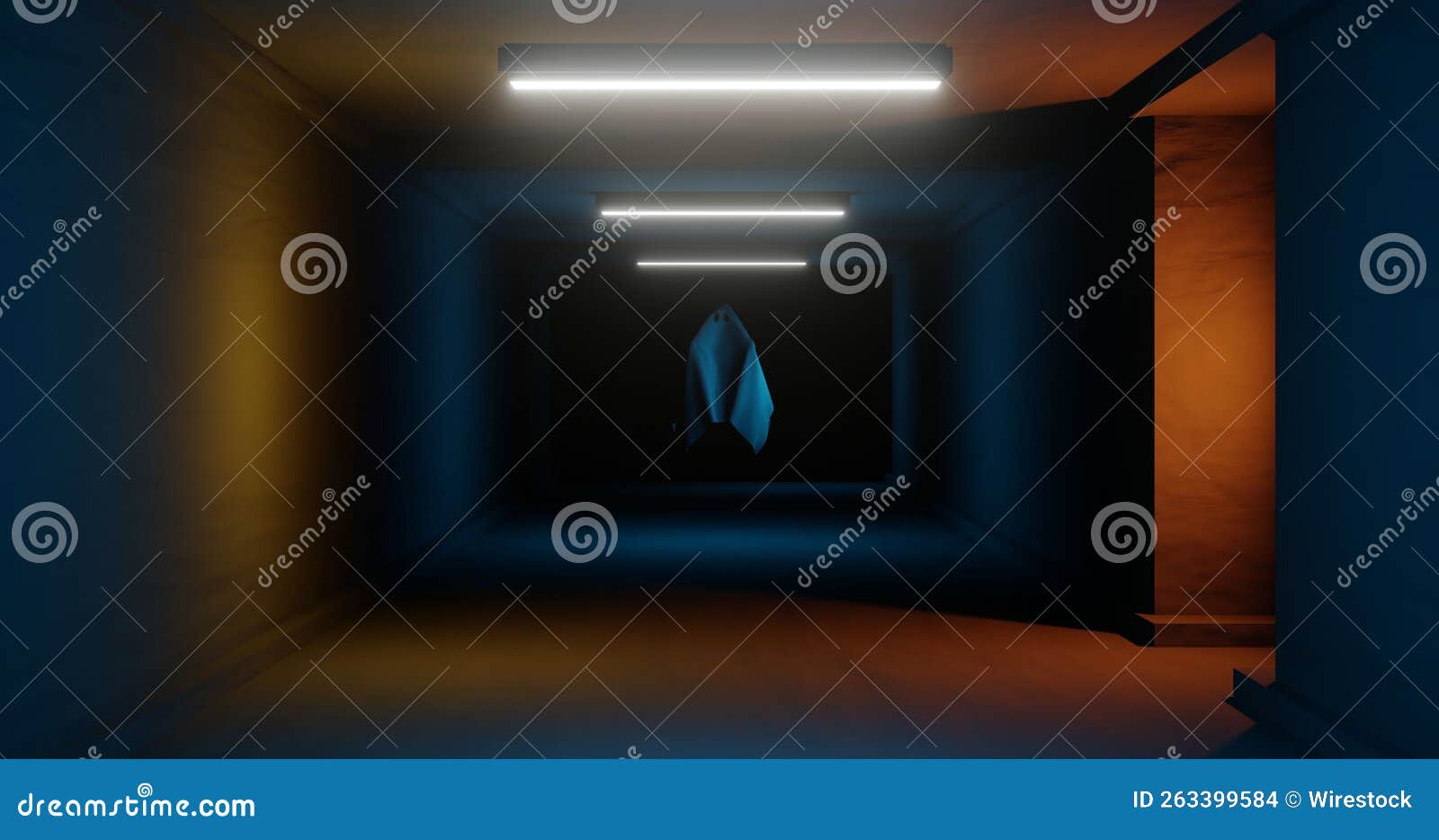 Long Scary Mysterious Tunnel with Illuminated Orange Lights and a Ghost ...